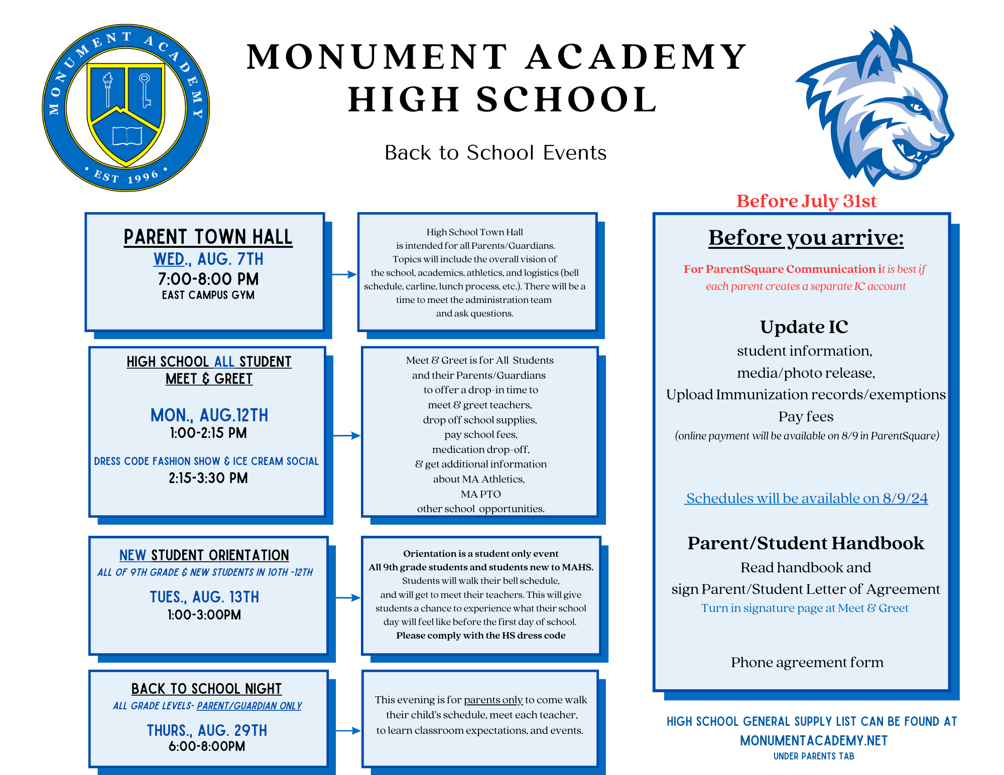 High School Back to School Events – Monument Academy
